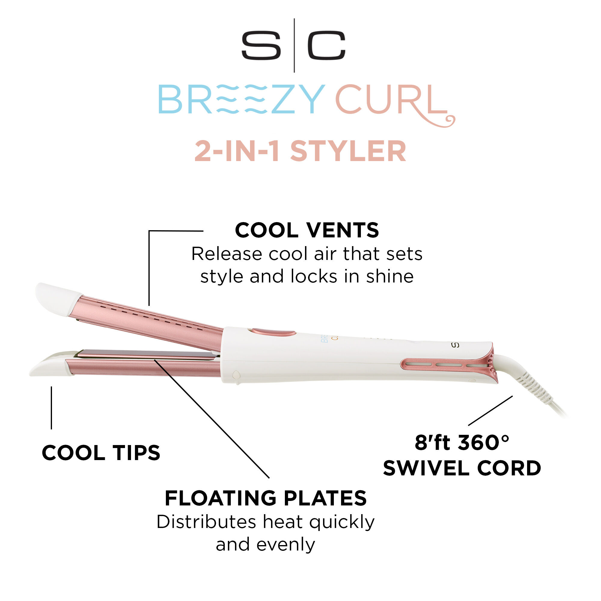 StyleCraft Breezy Curl 2-in-1 Cool-Air Hair Styler for Straight or Wavy ...