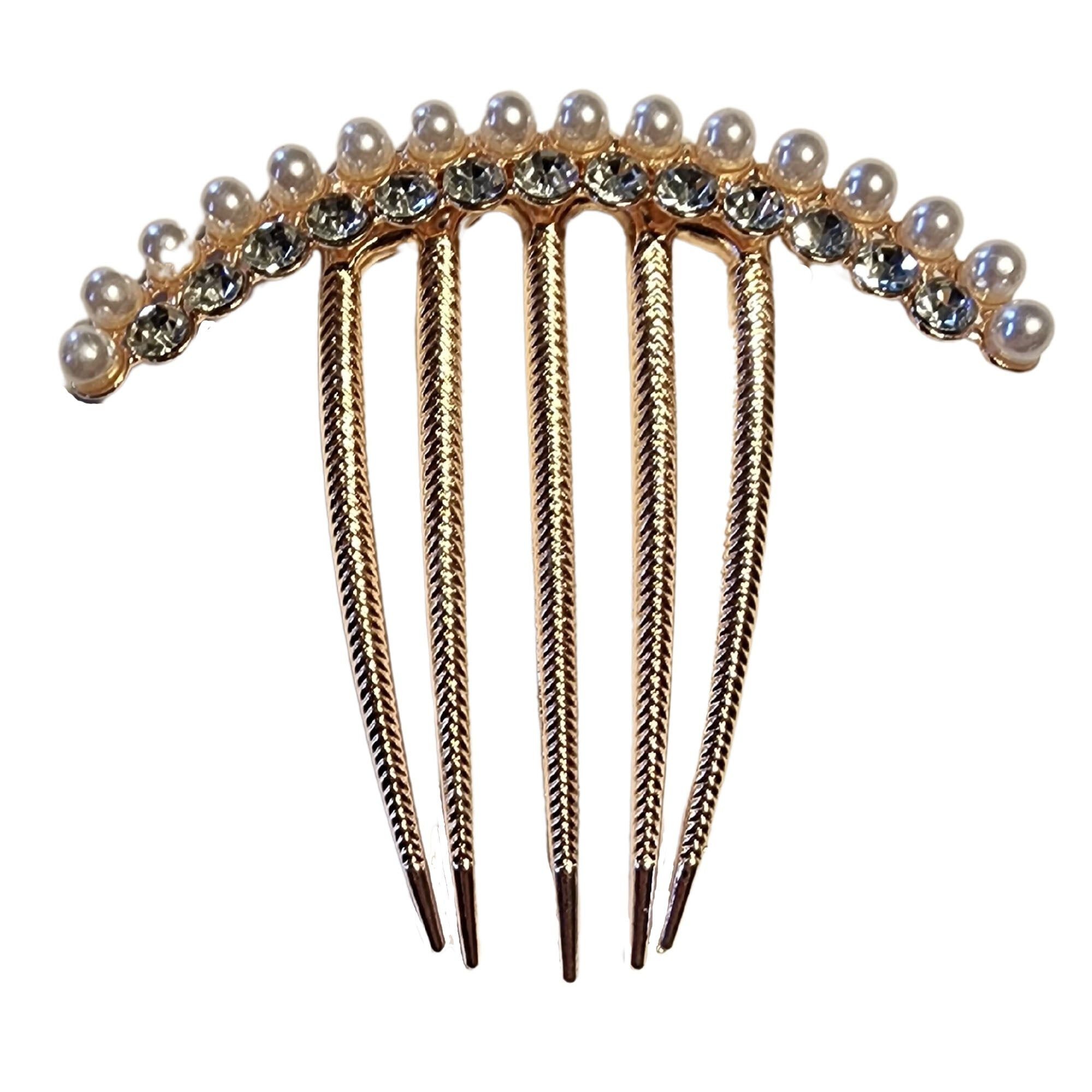 Pink Pewter Pearl and Rhinestone Encrusted Hair Comb